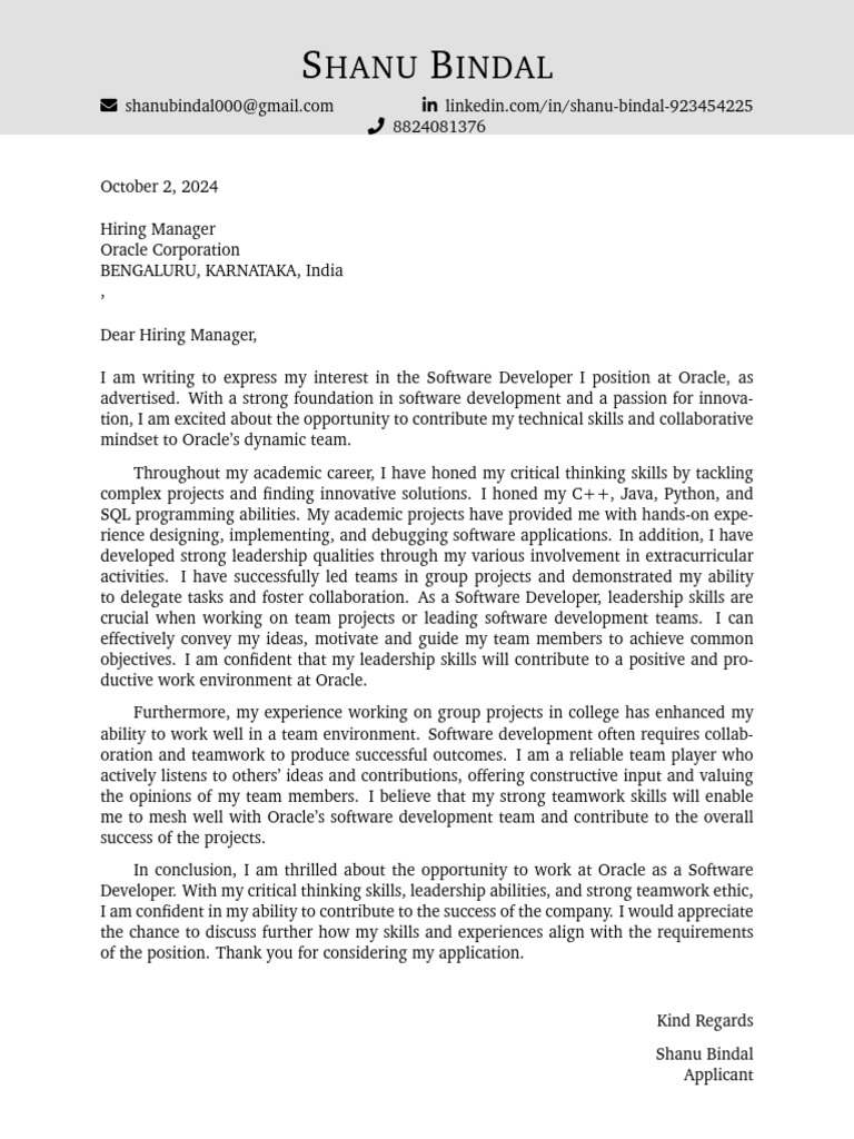 Shanu - Bindal - Cover Letter | PDF | Leadership | Oracle Corporation