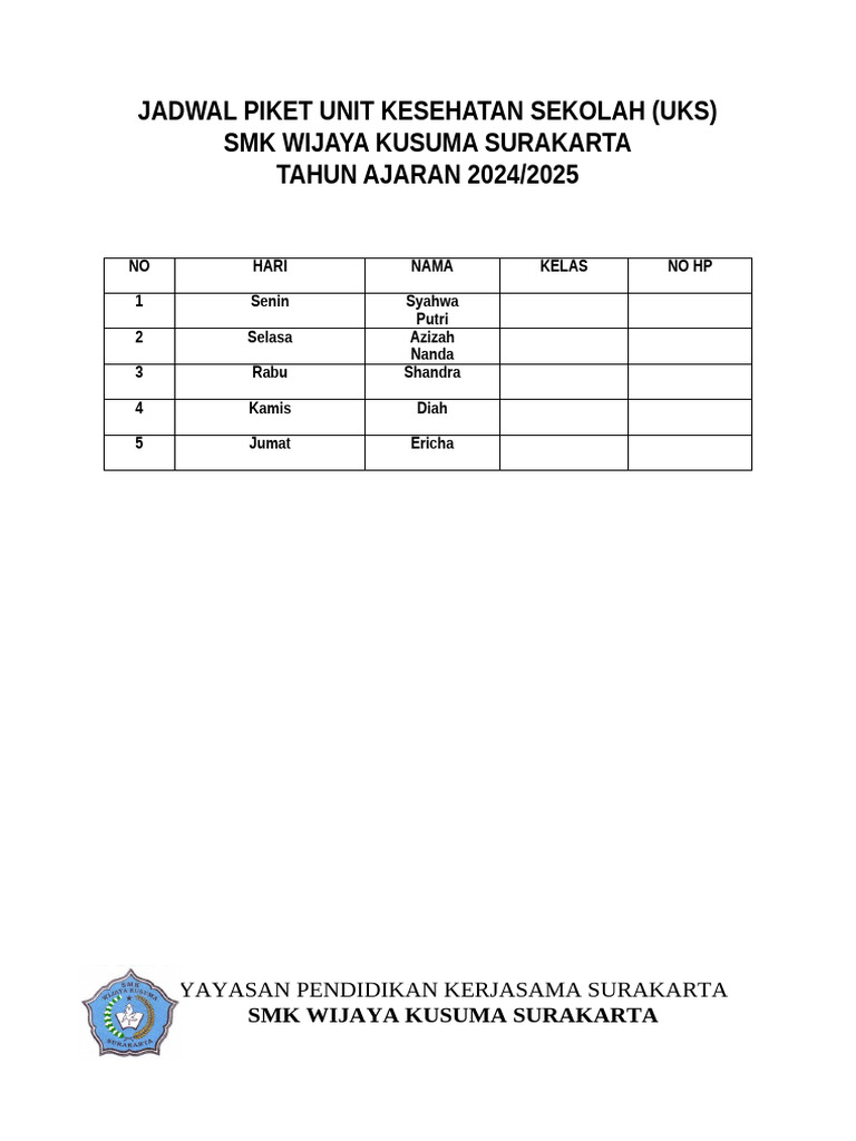 Jadwal Piket Unit Kesehatan Sekolah | PDF