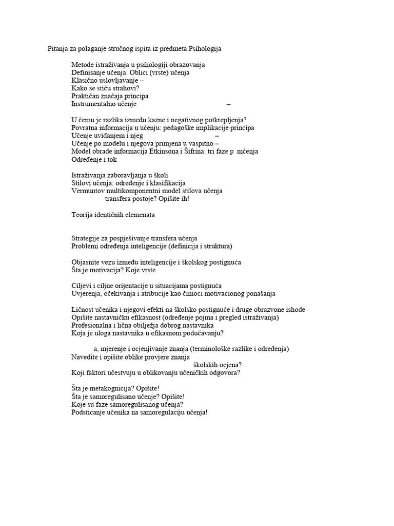 Pitanja Za Polaganje Stručnog Ispita Iz Predmeta Psihologija | PDF