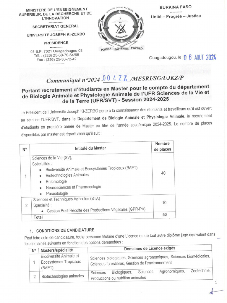 Communique Recrutement Master D BAPA 2024 2025 UFR SVT 1 | PDF