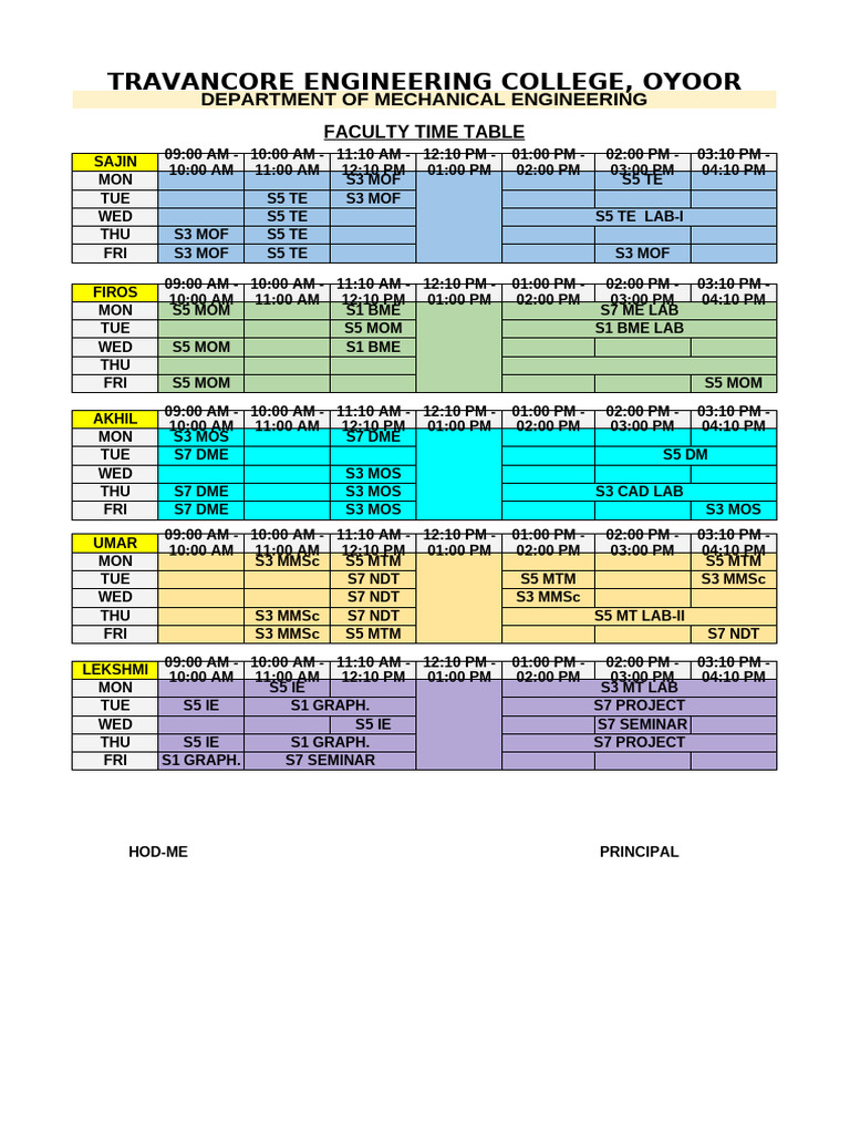 Mechanical Engineering Faculty Timetable | PDF