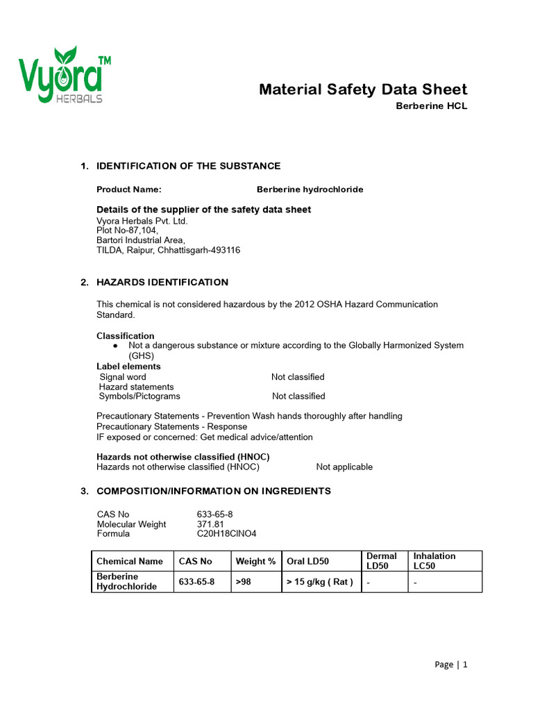 Berberine HCL Safety Data Sheet | PDF | Safety | Occupational Safety And Health