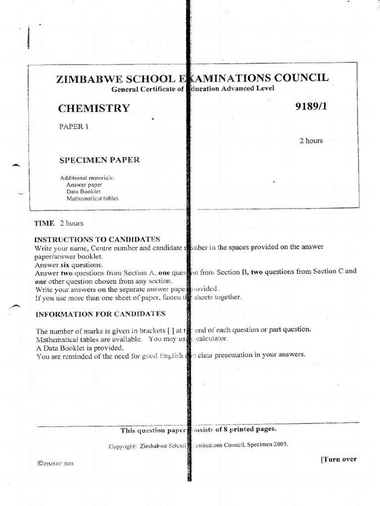 Chemistry Specimen Paper 1 | PDF