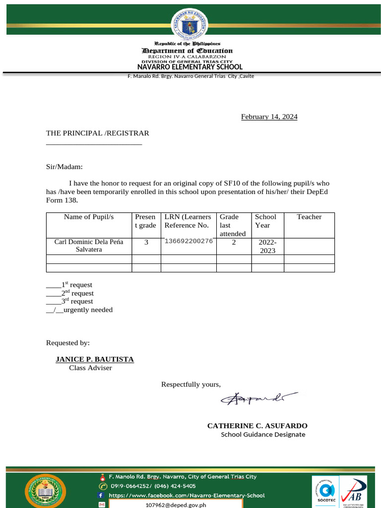 SF10 Form 137 Request - New | PDF