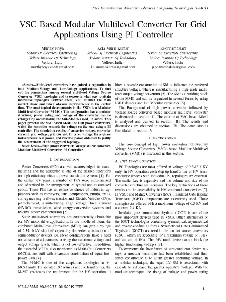 VSC Based Modular Multilevel Converter For Grid Applications Using PI ...