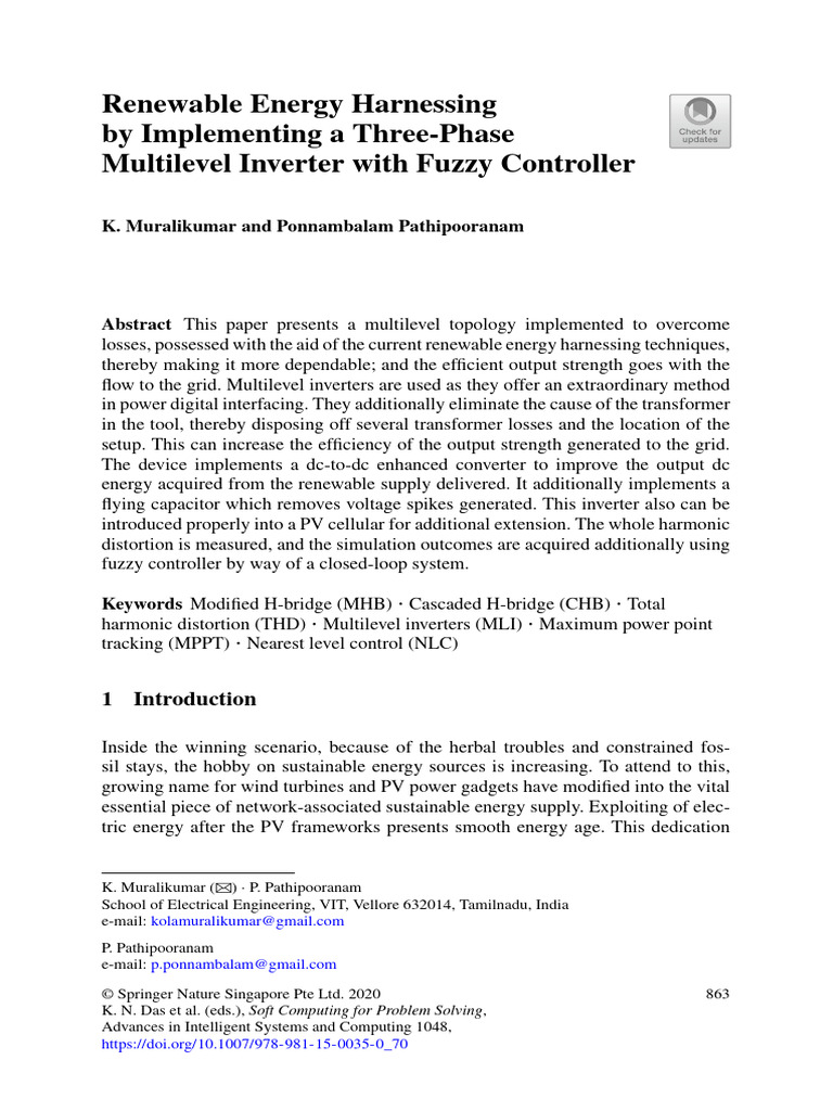 Renewable Energy Harnessing by Implementing A Three-Phase Multilevel Inverter With Fuzzy ...