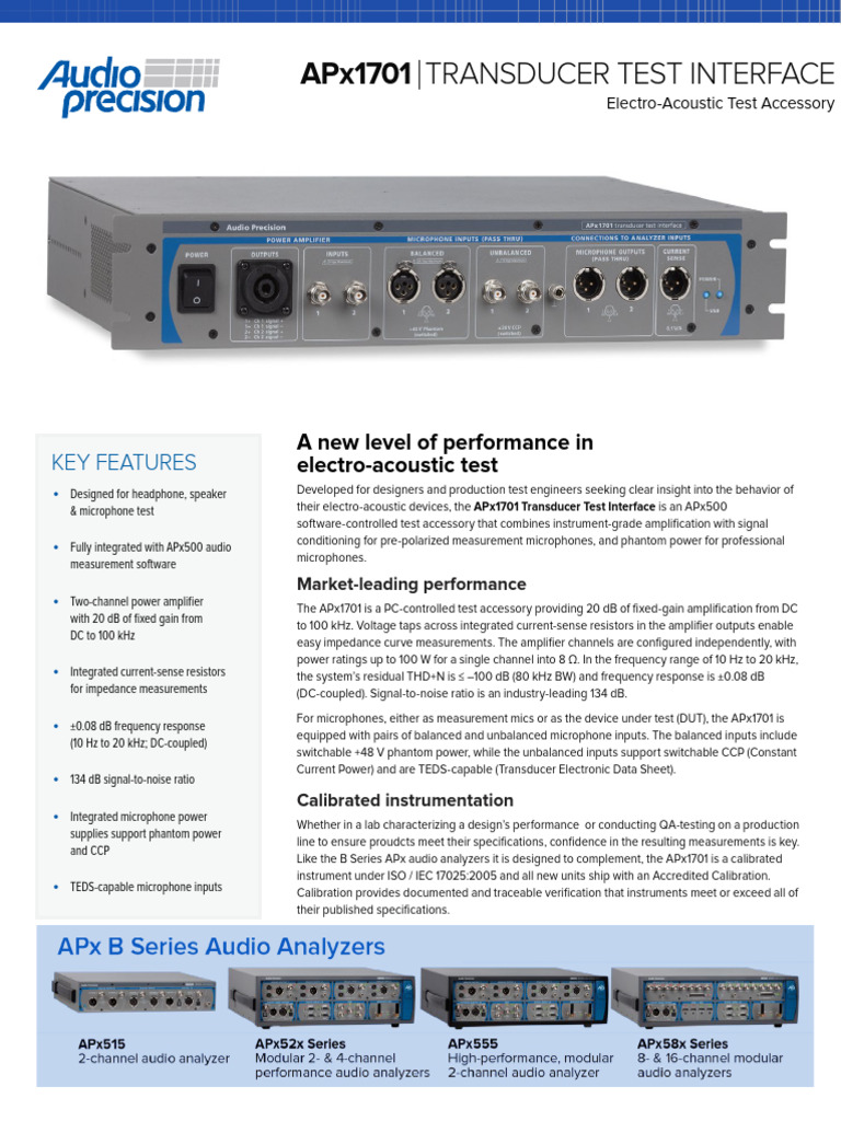 APx1701 Transducer Test Interface Data Sheet | PDF | Amplifier | Microphone