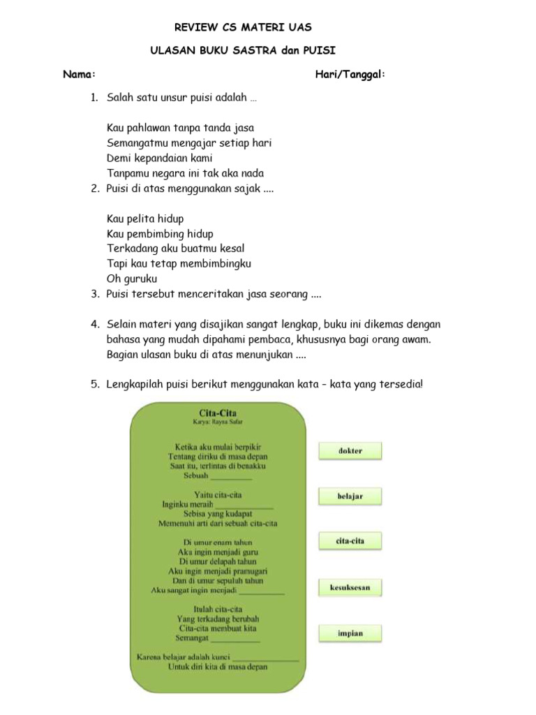 Review CS Materi Uas - Ulasan Buku Dan Puisi | PDF