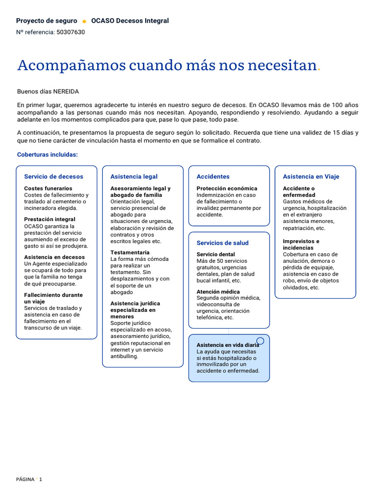 Acompañamos Cuando Más Nos Necesitan: Proyecto de Seguro OCASO Decesos Integral | PDF | Seguro ...