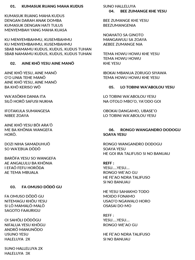 Lirik Lagu Rohani Nias dan Ibadah | PDF