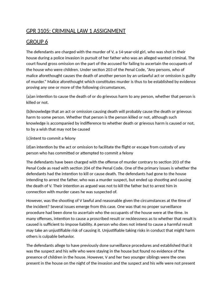 GROUP 6 CRIMINAL LAW ASSIGNMENT | PDF | Recklessness (Law) | Murder