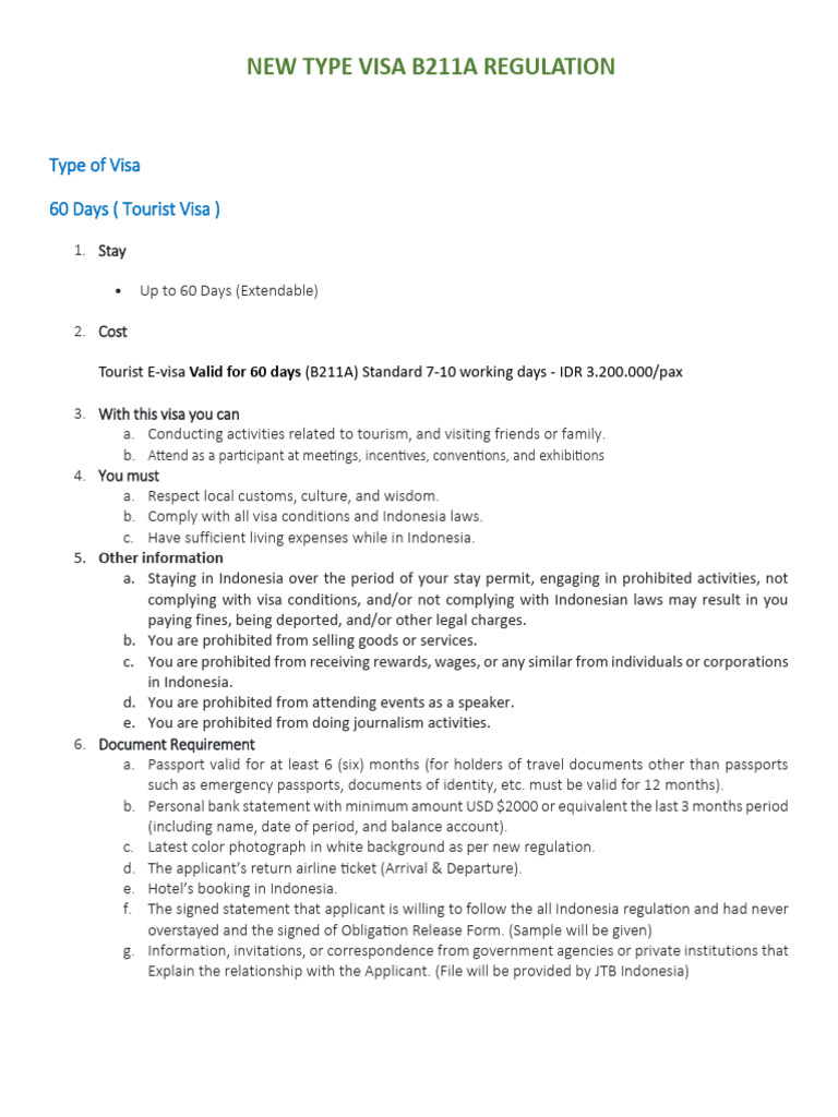 Indonesia New Type Visa Tourist Cost & Regulation | PDF | Travel Visa ...