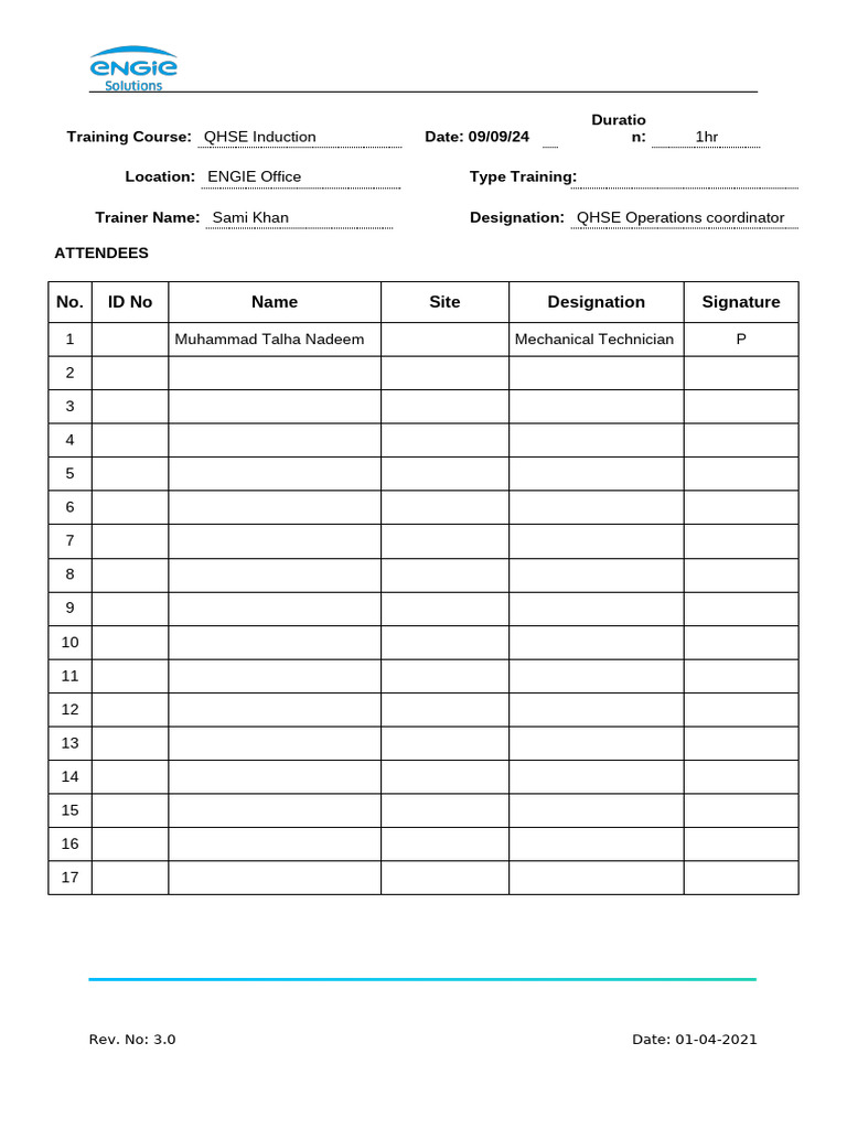 QHSE Induction Attendance Register | PDF