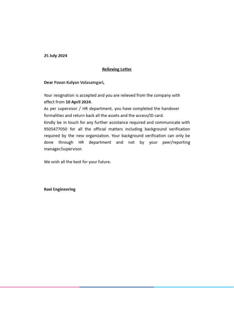 Pavan Kalyan V Relieving Letter | PDF | Career & Growth
