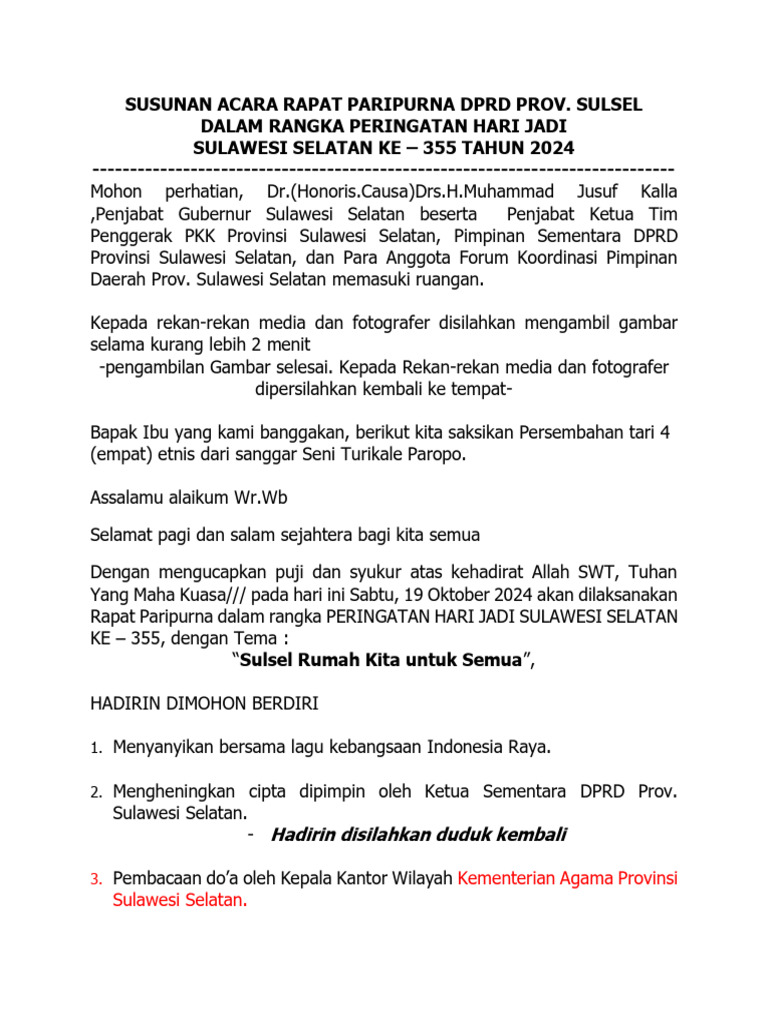 SUSUNAN ACARA RAPAT PARIPURNA DPRD PROV. KAK TIWI Salinan | PDF