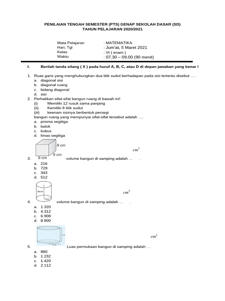 Soal PTS Genap Matematika Kelas 6 | PDF