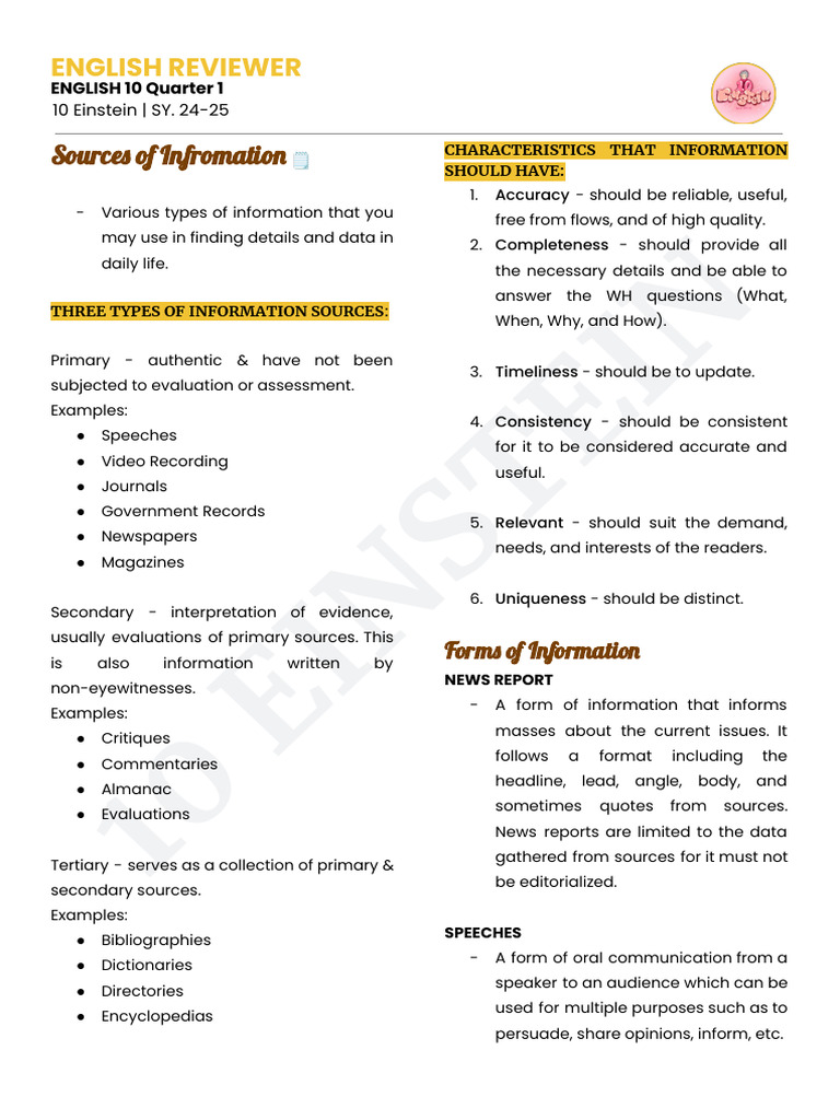 ENGLISH REVIEWER G10 Q1 24-25 | PDF | Plot (Narrative) | Reading ...