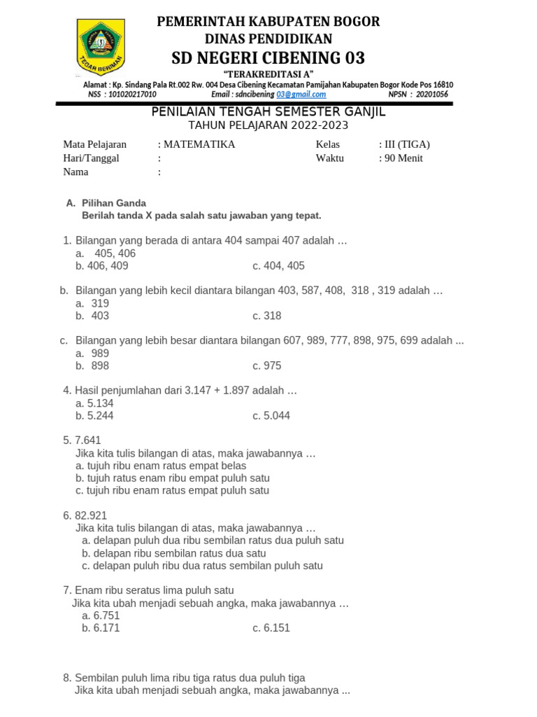 PTS MTK Kelas 3 Sem 1 | PDF