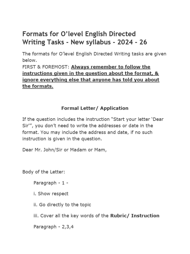 Formats of All Types of Directed Writings - New Syllabus - 2024 | PDF ...