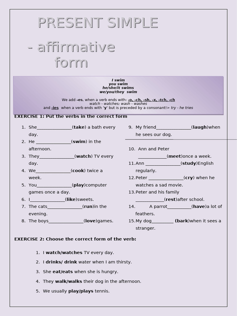 Present Simple Affirmative Form - 109733 | PDF