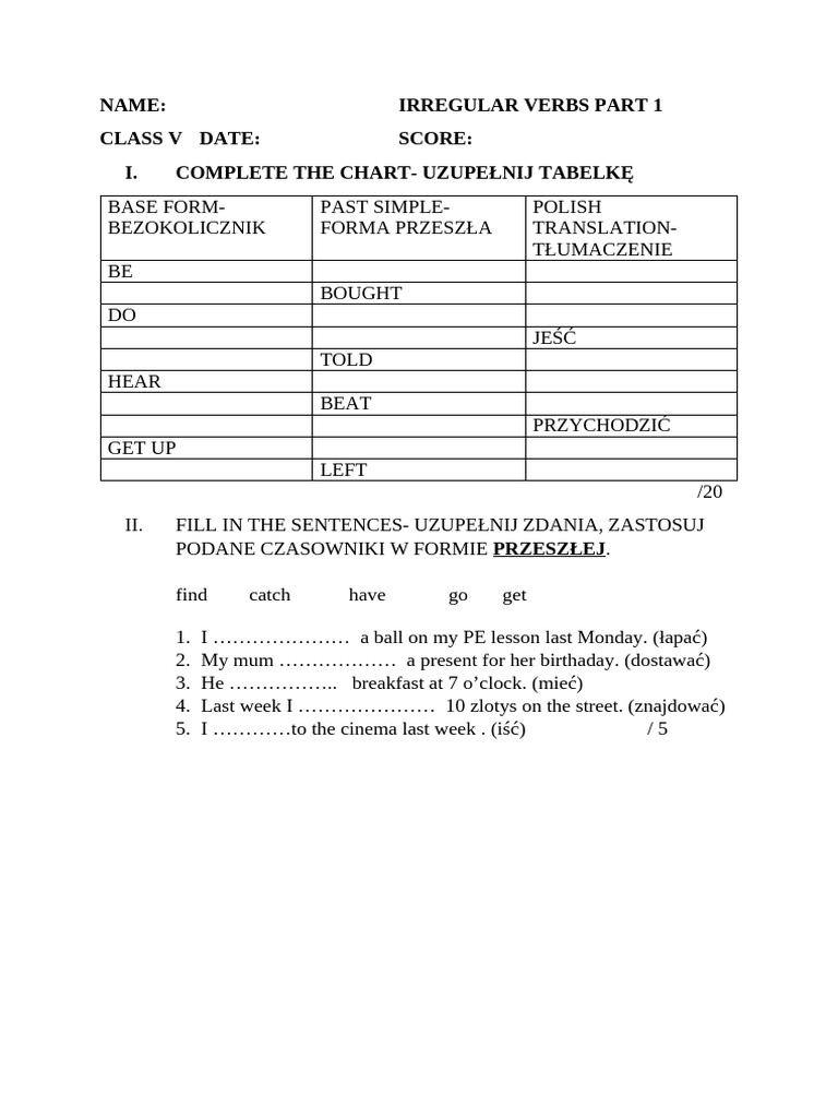 Irregular Verbs Past Unit 7 Kartkówka Part 1 | PDF