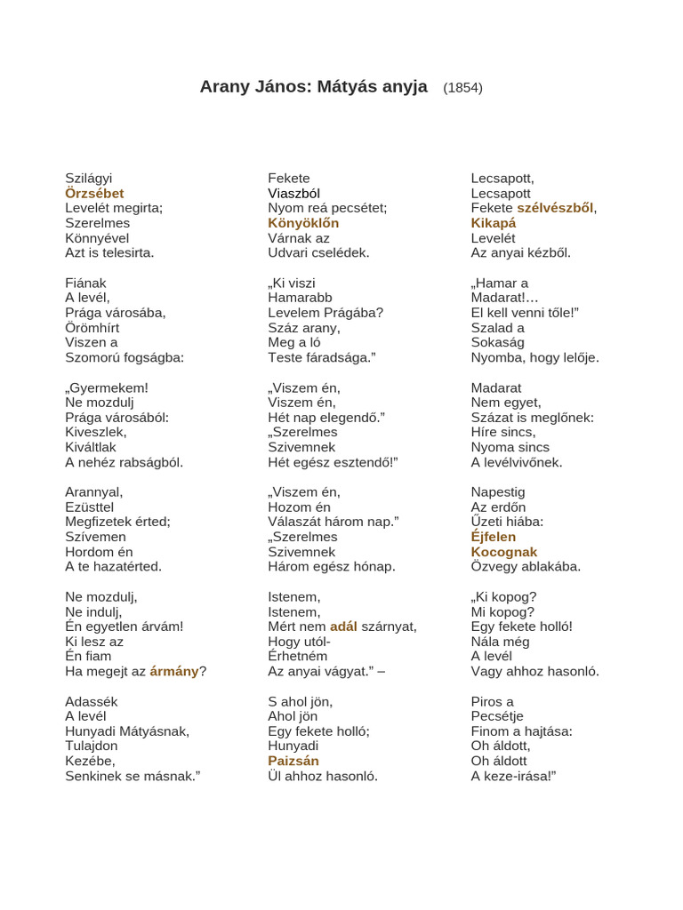 Arany János Mátyás Anyja | PDF