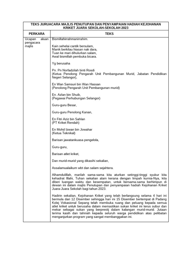 Teks Juruacara Majlis Penutupan Kriket | PDF