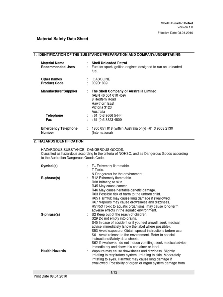 Petrol msds | PDF | Benzene | Dangerous Goods
