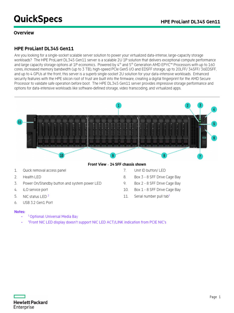 HPE ProLiant DL345 Gen11 Quickspecs | PDF | Solid State Drive | Computer Architecture