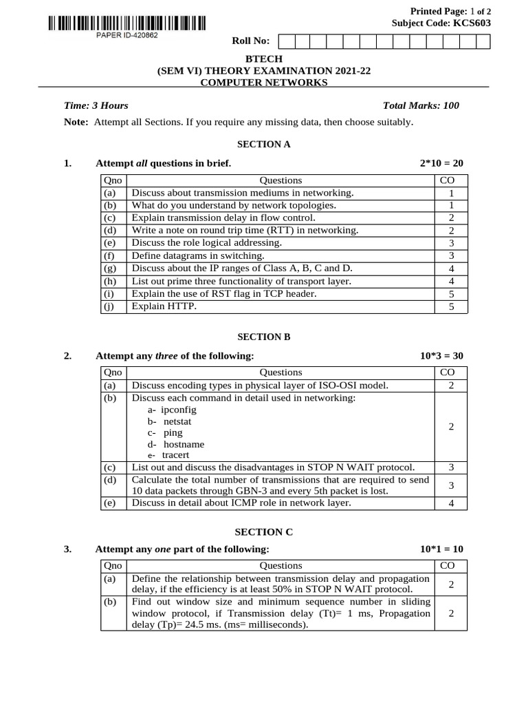 Btech Cs 6 Sem Computer Networks Kcs603 2022 | PDF | Computer Network ... Btech Cs 6 Sem Computer Networks Kcs603 2022 | PDF | Computer Network ...