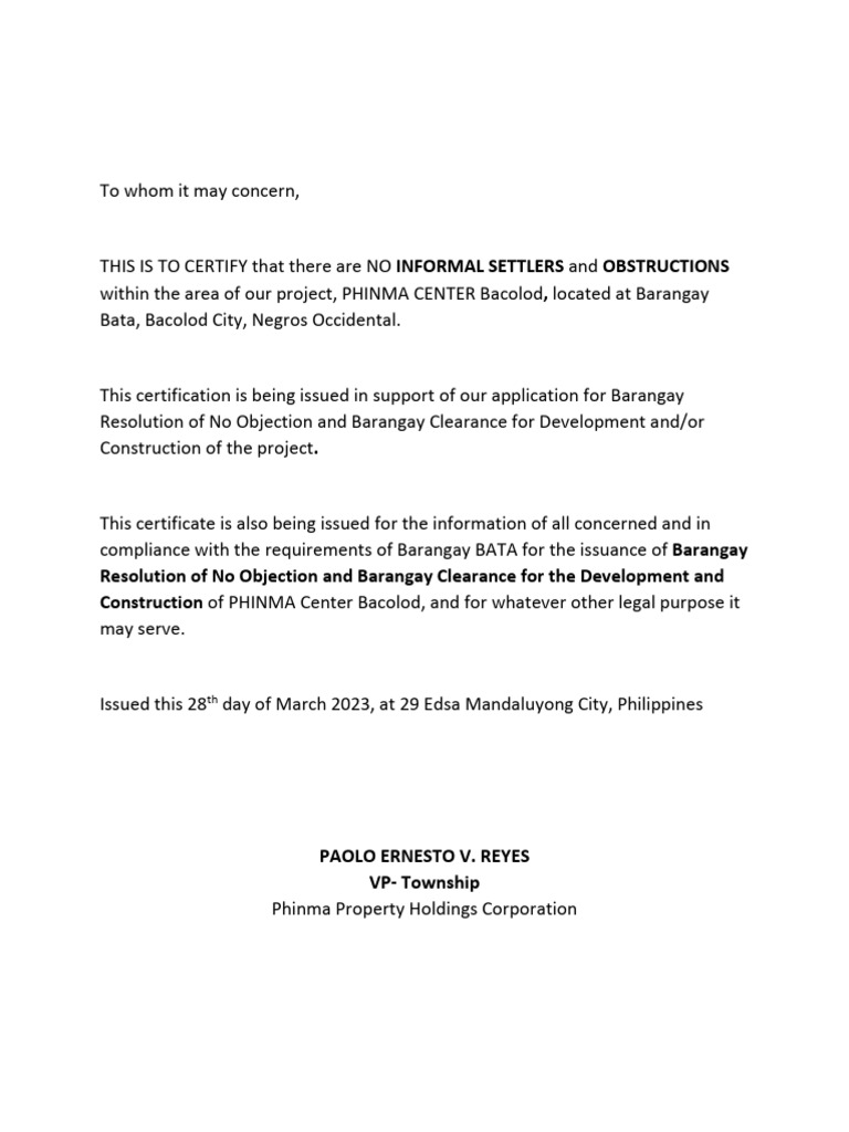 Certificate of No Obstruction | PDF | Business