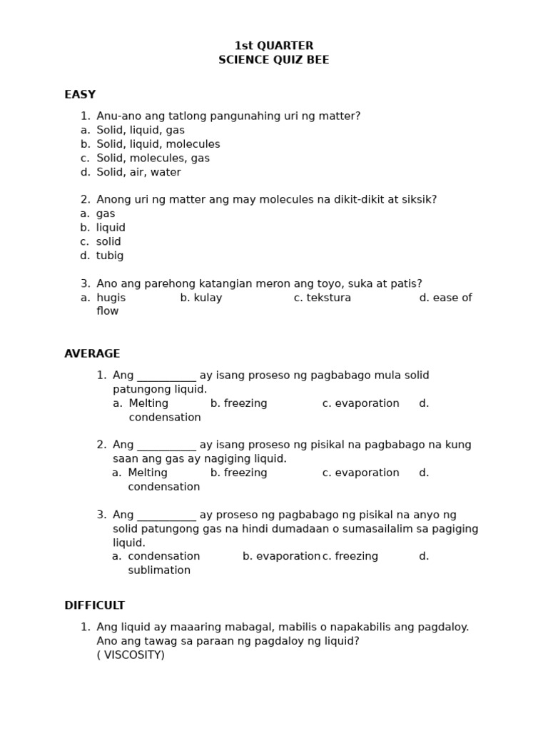 1st QUARTER SCIENCE QUIZ BEE QUESTIONS | PDF