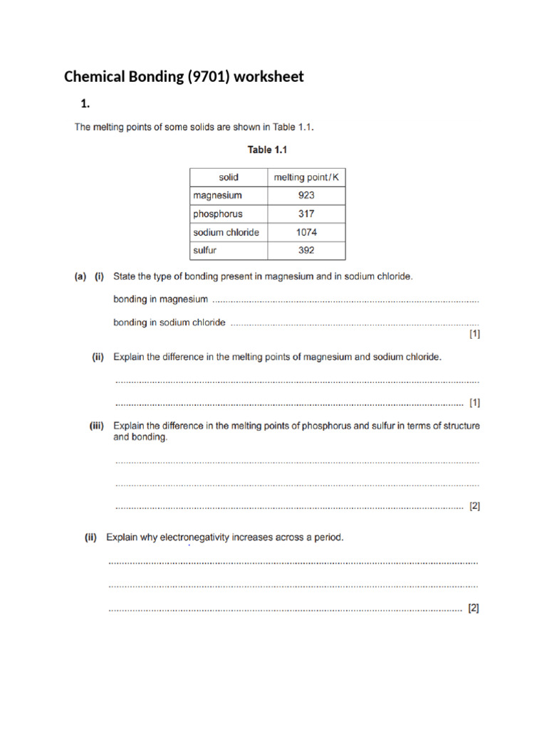 9701 Chemical Bonding WORKSHEET2 | PDF | Teaching Methods & Materials | Technology & Engineering