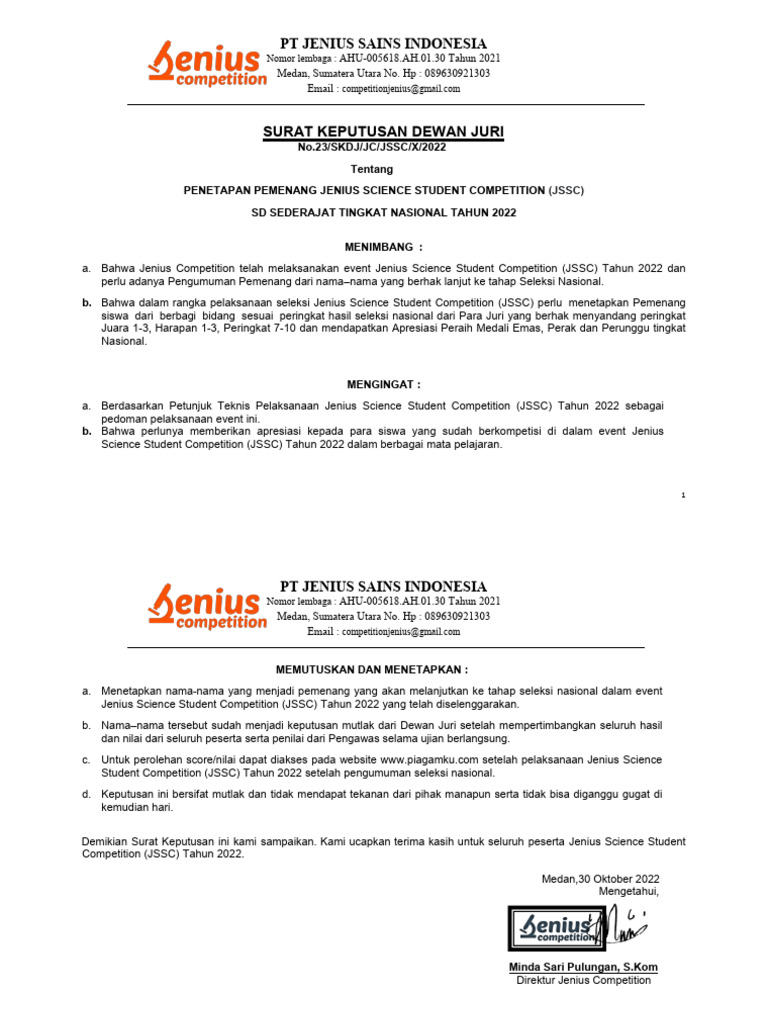Pengumuman Tingkat Nasional Jenius Science Student Competition (JSSC ...