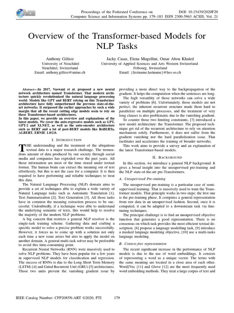 Overview of The Transformer-Based Models For NLP Tasks | PDF | Artificial Intelligence ...