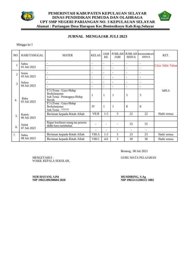 Contoh Jurnal Mengajar PAI P.5 | PDF