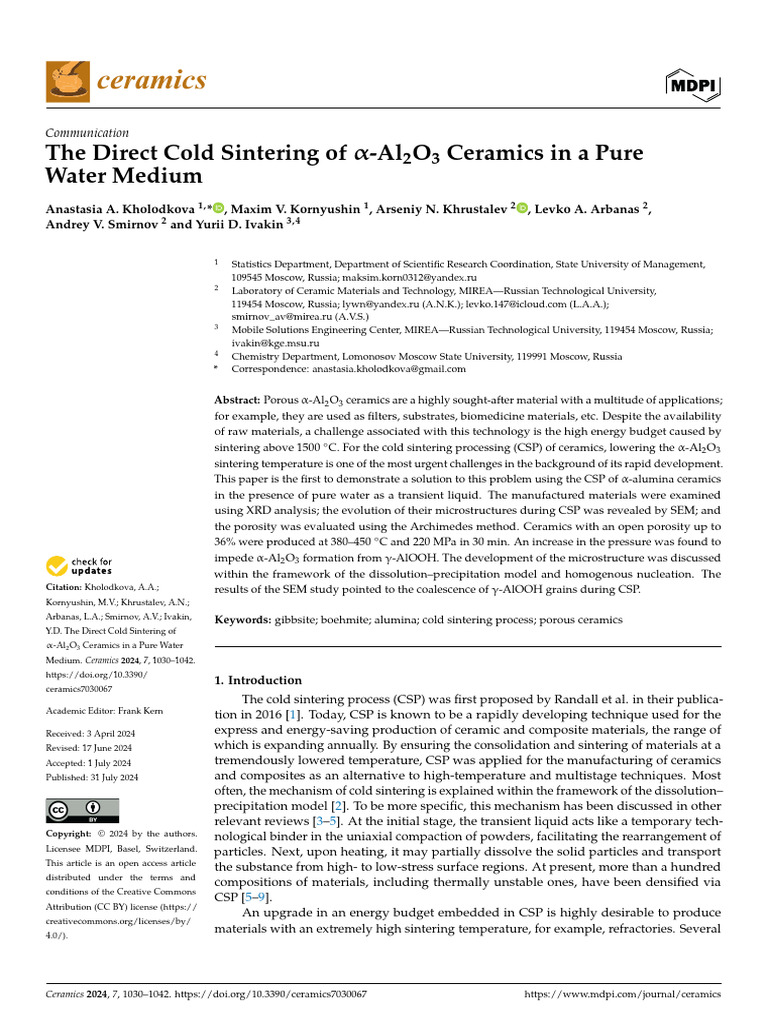 The Direct Cold Sintering of a-Al2O3 Ceramics in A | PDF | Sintering ...