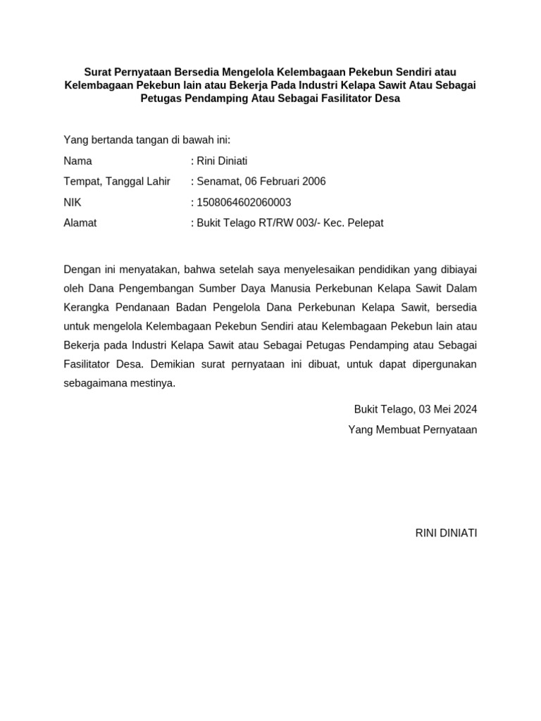Surat Pernyataan Bersedia Mengelola | PDF