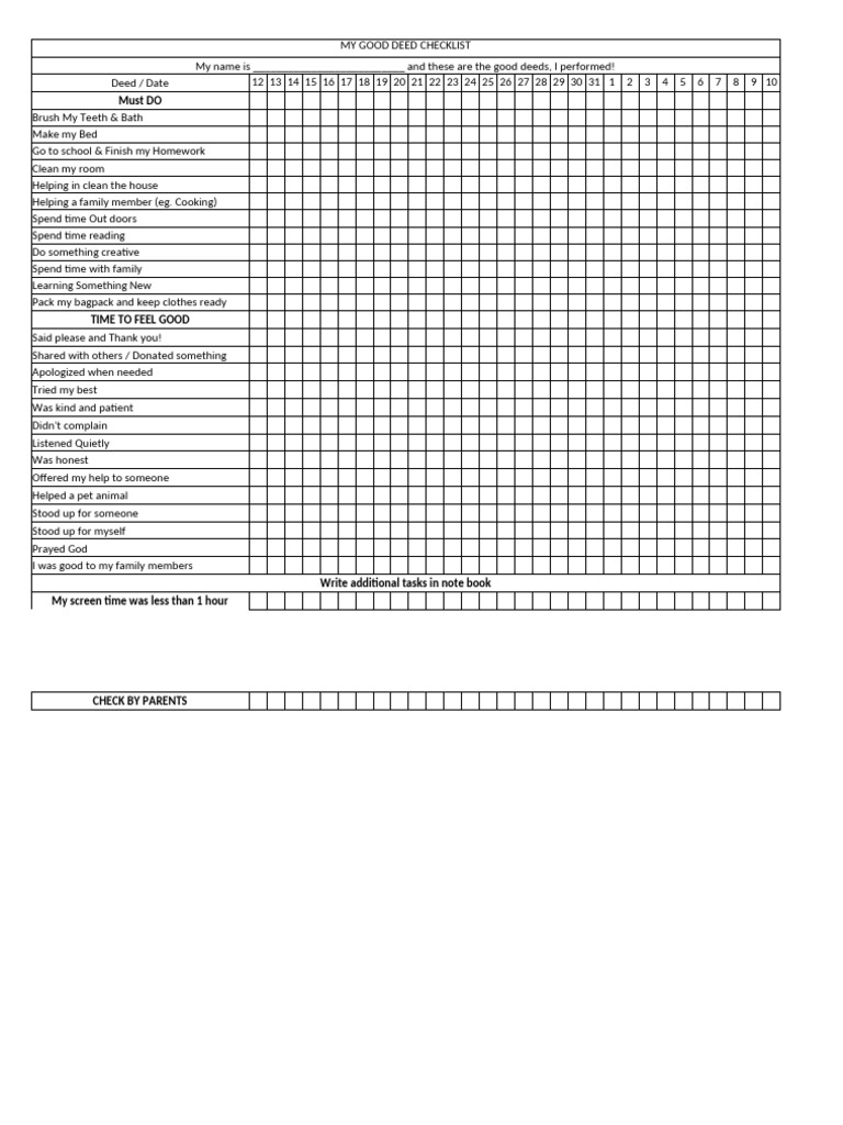 Good Deed Checklist for Kids | PDF | Cooking, Food & Wine | Home & Garden
