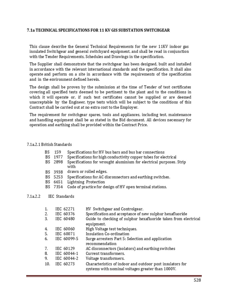 7.1a.1 Scope: 7.1A Technical Specifications For 11 KV Gis Substation Switchgear | PDF ...