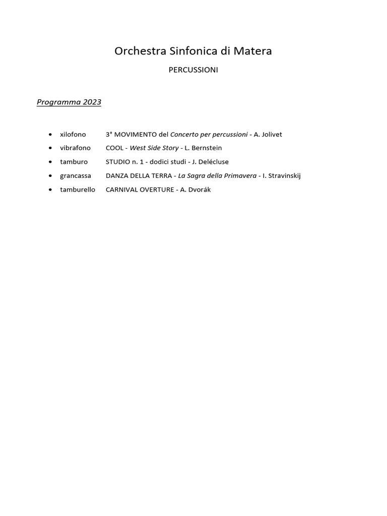 Matera Symphony Orchestra Percussion Program | PDF | Musical ...