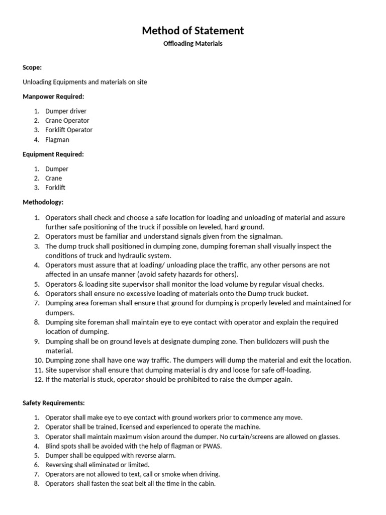Method of Statement- Tipping of Spoil | PDF | Truck | Forklift