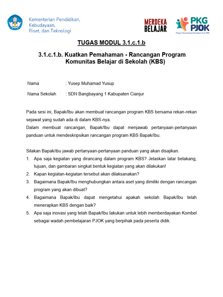 Tugas Modul 3.1.c.1.b. Kuatkan Pemahaman - Rancangan Program Komunitas Belajar Di Sekolah (KBS ...