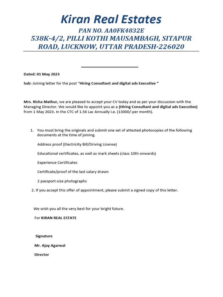 Offer Letter For Richa Mathur (HR) | PDF | Business | Finance & Money ...