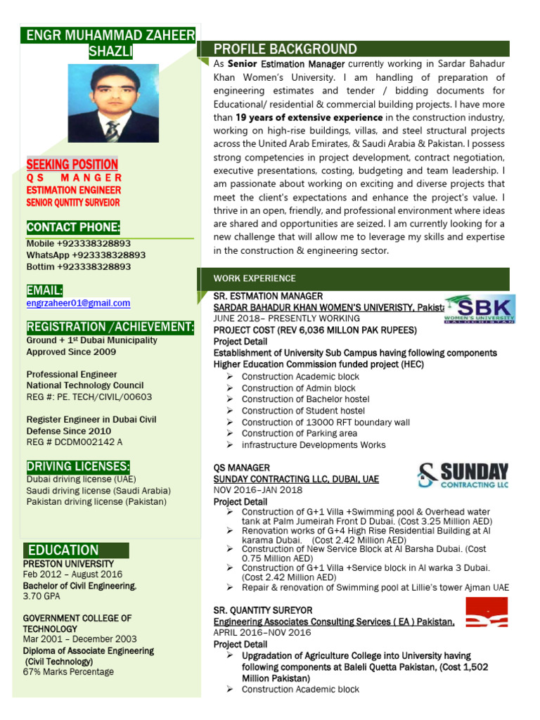 Zaheer Updated Resume QS | PDF | Dubai | General Contractor