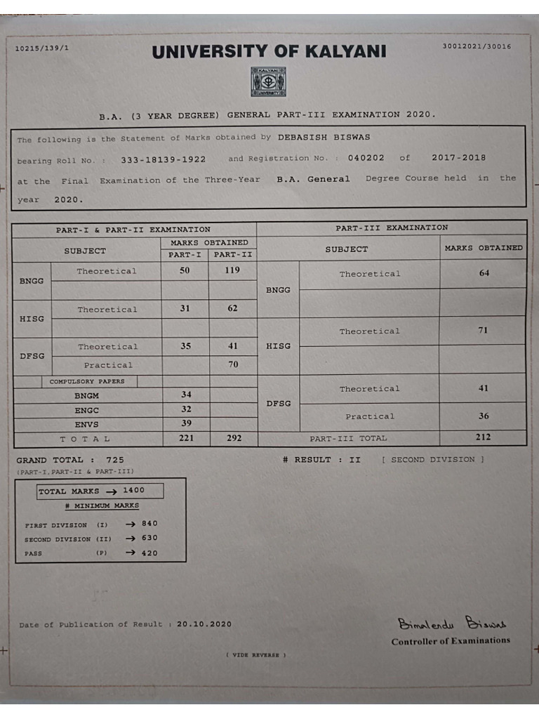 Graduate Marksheet of Debasish Biswas | PDF