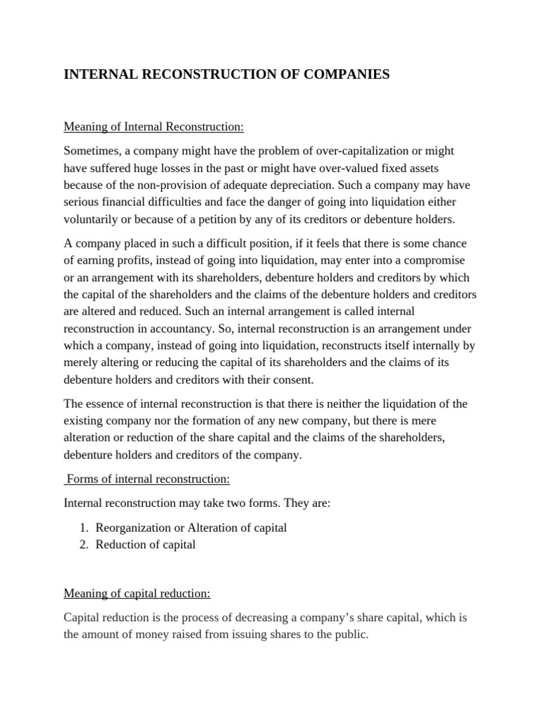 INTERNAL RECONSTRUCTION OF COMPANIES | PDF | Liquidation | Capital ...