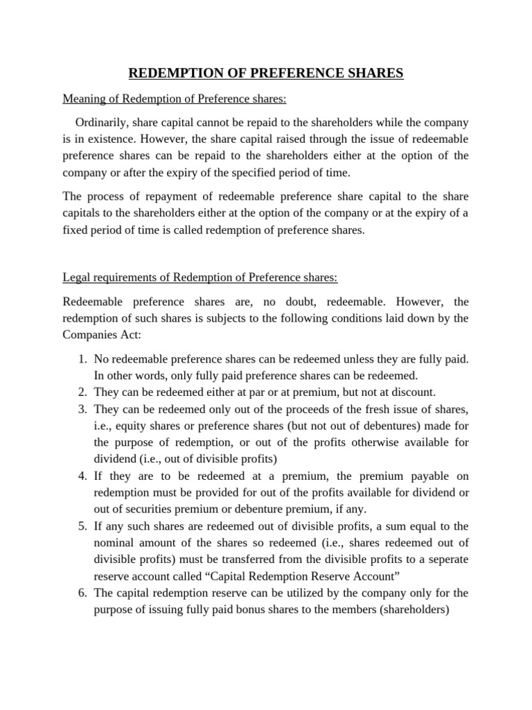Redemption of Preference Shares | PDF | Dividend | Preferred Stock