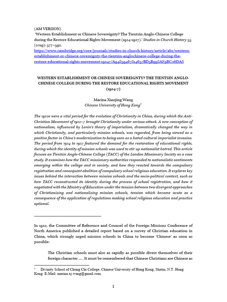 Establishment or Chinese Sovereignty The Tientsin Anglochinese College ...