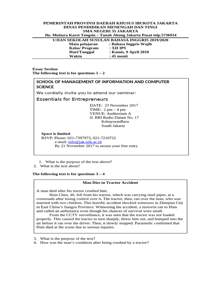 Soal Ujian Susulan Essay 2020 | PDF
